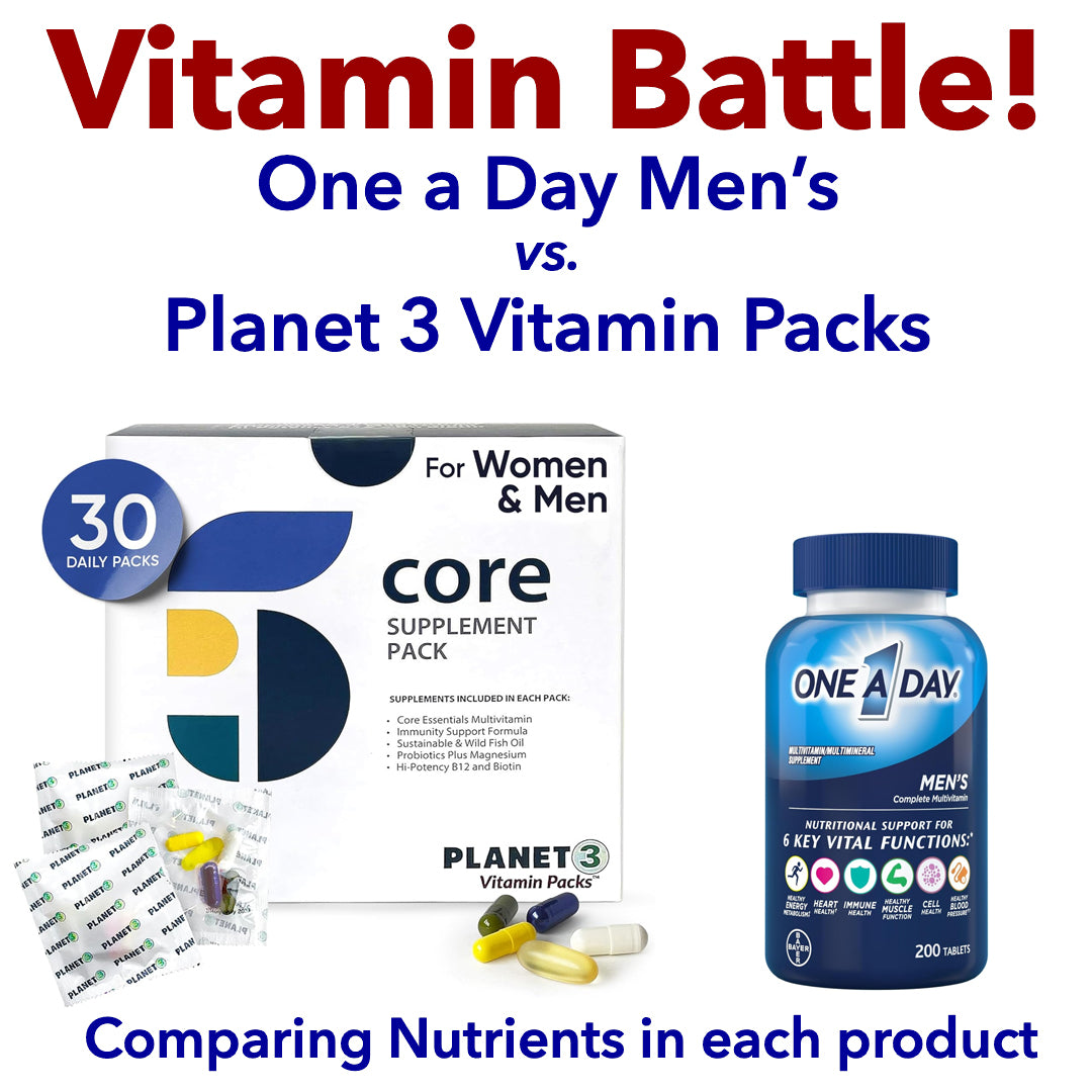 Vitamin Battle: One A Day Men’s Complete Multivitamin compared to Plan – Planet 3 Vitamin Packs